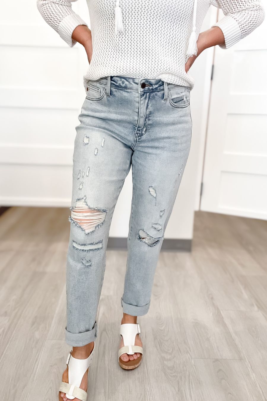 Judy Blue Tatum Mid Rise Repair Stitch Distressed Boyfriend Jeans ...